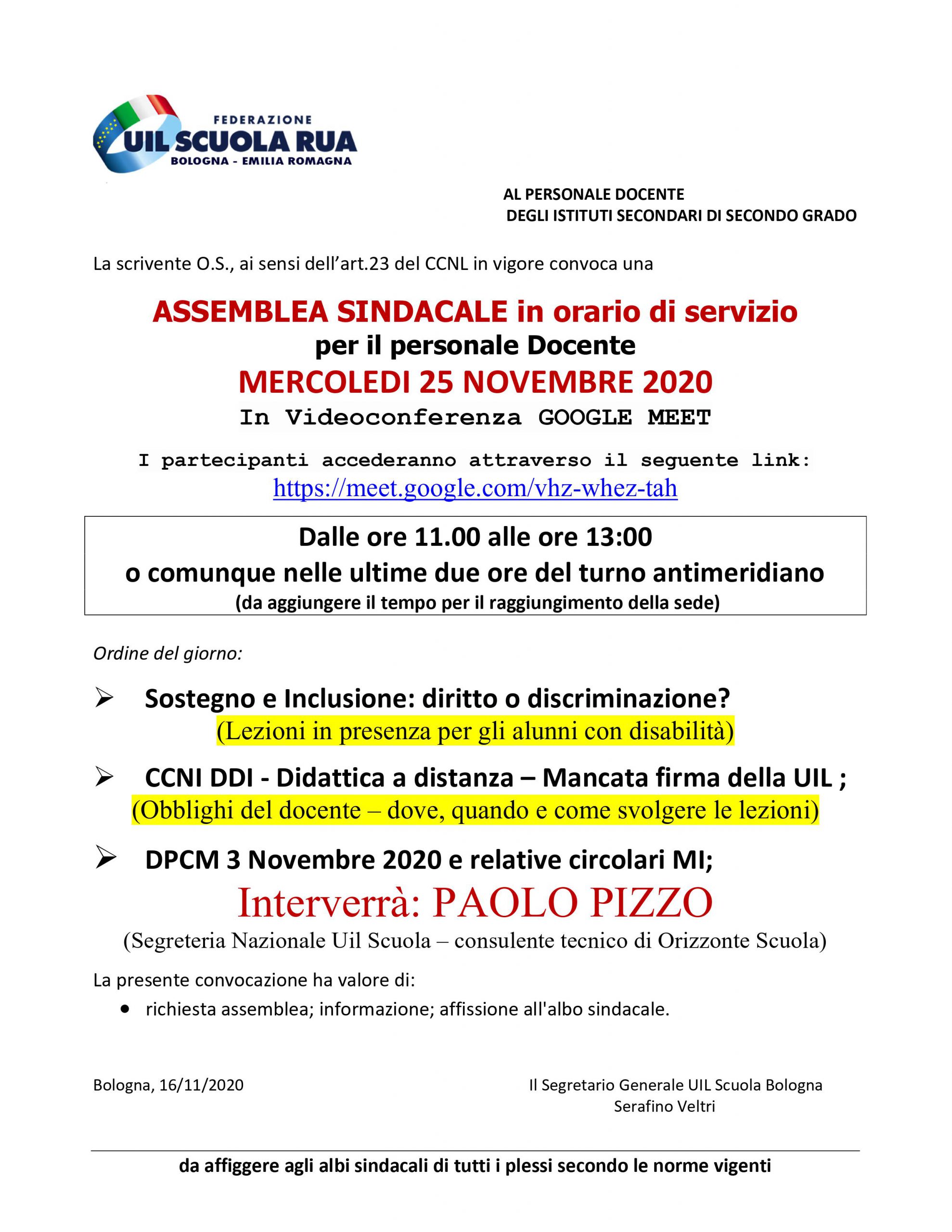 Assemblea sindacale provinciale destinata al personale docente del II ciclo 25 novembre 2020 ...
